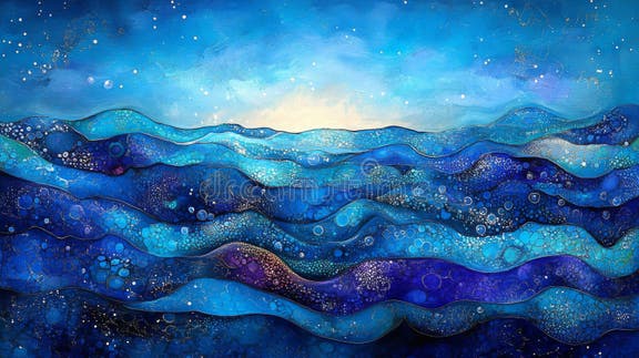 Abstract Blue Ocean Night Sky with Glitter Waves Stock Illustration - Illustration of celestial ...