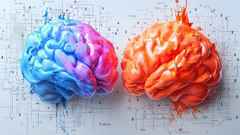 Abstract Blue and Orange Brain on Technical Blueprint Stock ...