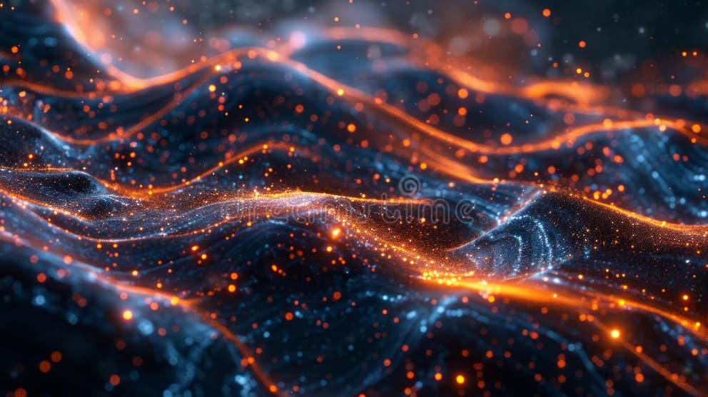 Abstract Blue Orange Particle Wave Background. Digital Technology ...