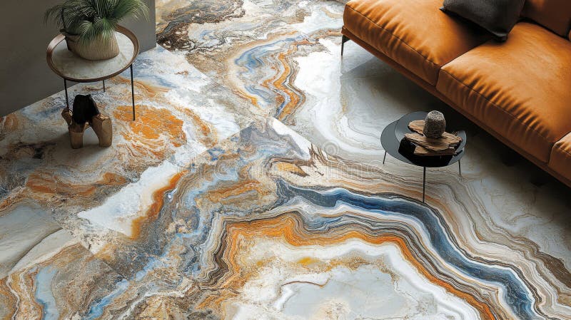 Abstract Blue Orange Swirl Pattern Carpet in Modern Living Room Stock ...