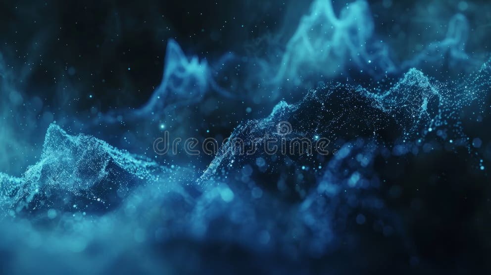 Abstract Blue Particle Wave Background. Futuristic Digital Data Flow ...