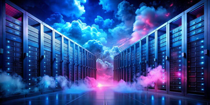 Abstract Blue and Pink Glowing Clouds on Dark Background of Server ...