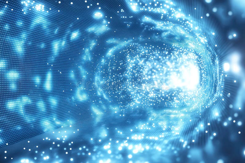 Abstract Blue Pixel Grid Background with Glowing Light Particles ...