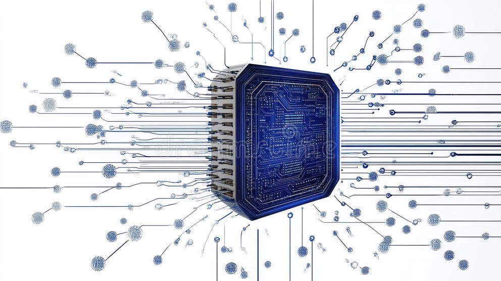 Abstract Blue Processor Emitting Data Streams on White Background Stock ...