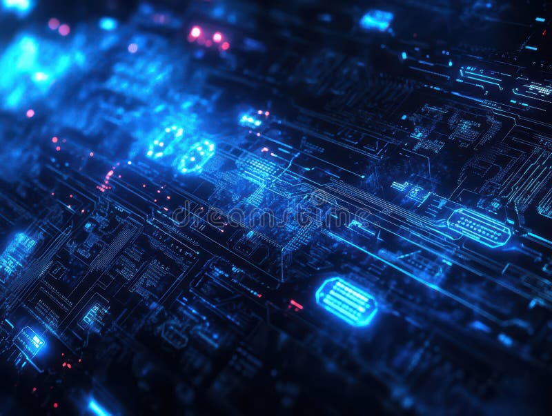 Abstract Blue and Red Neon Circuit Board Pattern Stock Illustration ...