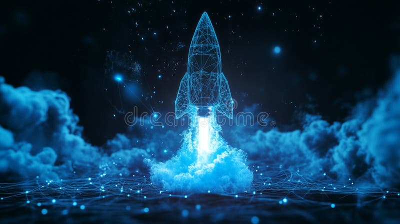Abstract Blue Rocket Launch Digital Art Futuristic Network Technology ...