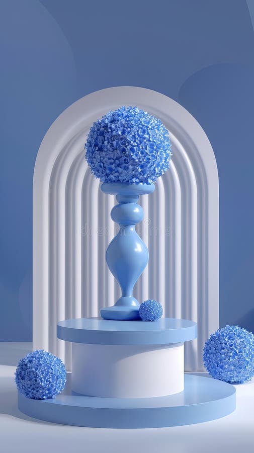 Abstract Blue Sculpture with Geometric Floral Design and Arched ...