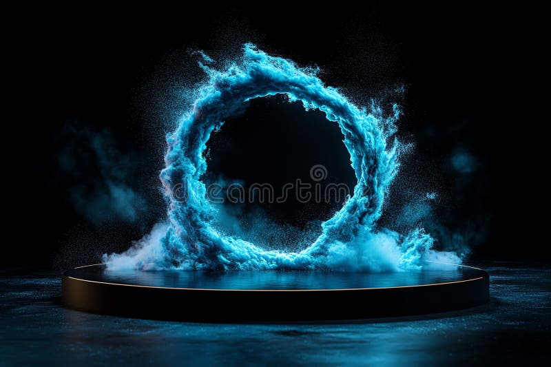 Abstract Blue Smoke Ring on a Black Platform. Glowing and Swirling with ...