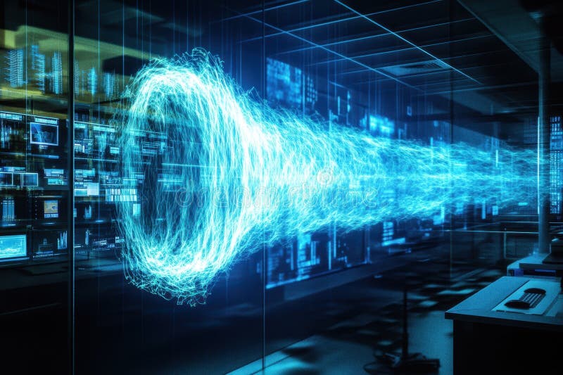 Abstract Blue Sound Wave Visualization in a Modern Technology Office ...