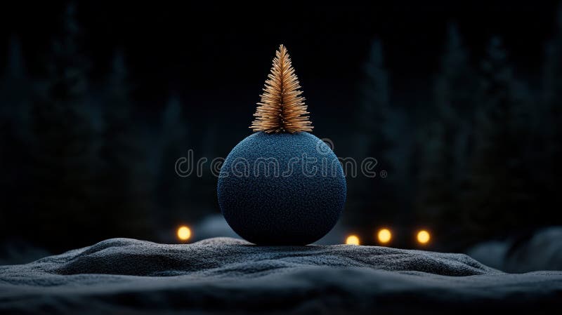 Abstract Blue Sphere with a Pine Tree on Top Dark Forest Background ...