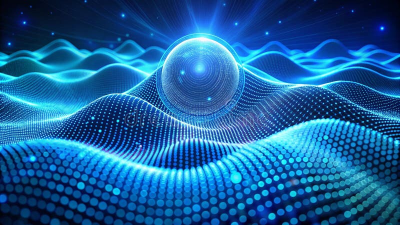 Abstract Blue Sphere on a Wavy Dotted Background with Bright Glows ...