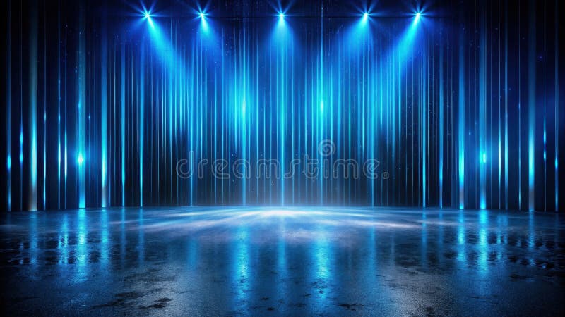 Abstract Blue Stage Lighting with Reflective Floor and Vertical Beams ...