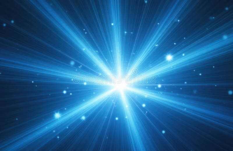 Abstract Blue Starburst with Glowing Light Rays. Bright Light Source ...