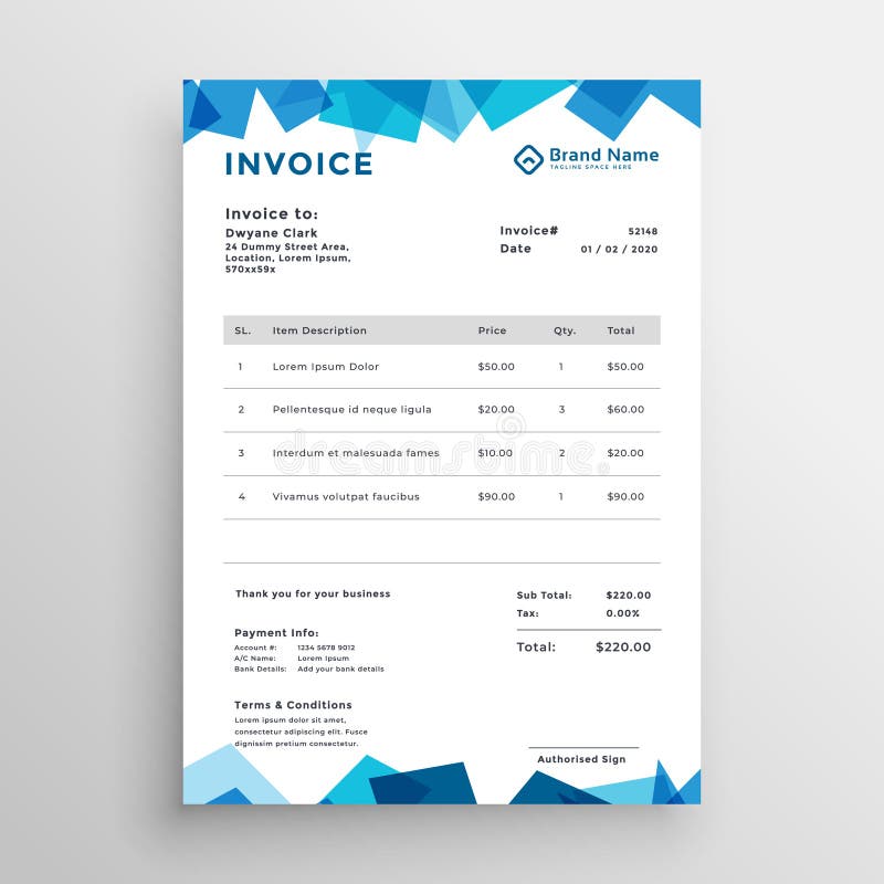 Blue Invoice Template Design Vector Stock Vector - Illustration of minimalism, color: 106976714