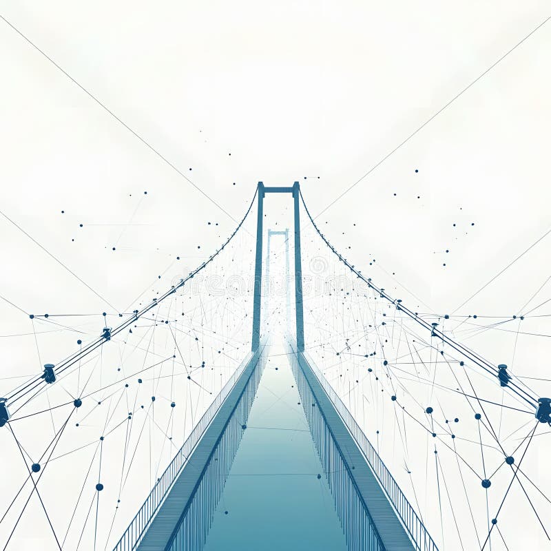 Abstract Blue Suspension Bridge Extending To Hazy Horizon Stock ...