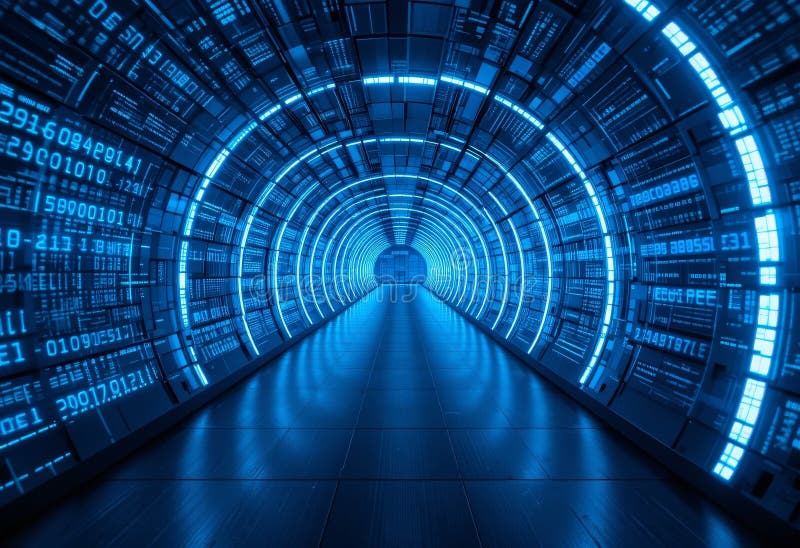 Abstract Blue Tech Tunnel. Digital Code Patterns Fill Walls, Floor ...