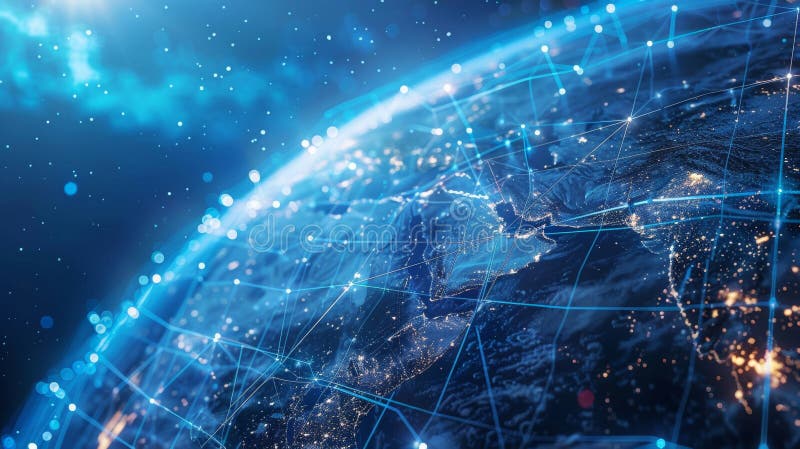 Abstract Blue Technology Big Data Visualized on Earth with Intricate ...