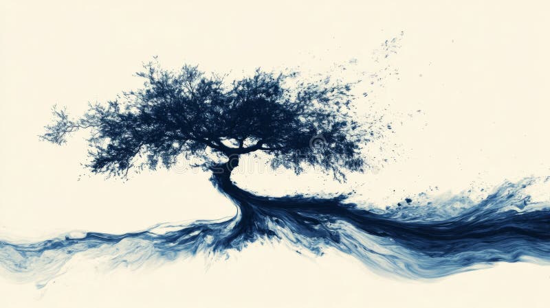 Abstract Blue Tree in Wind Artistic Minimalist Painting Stock ...