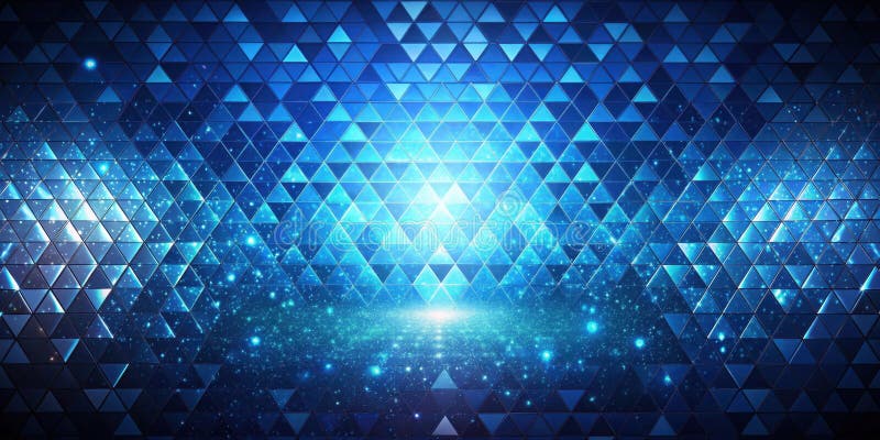 Abstract Blue Triangular Mosaic Background with Glowing Particles and a ...