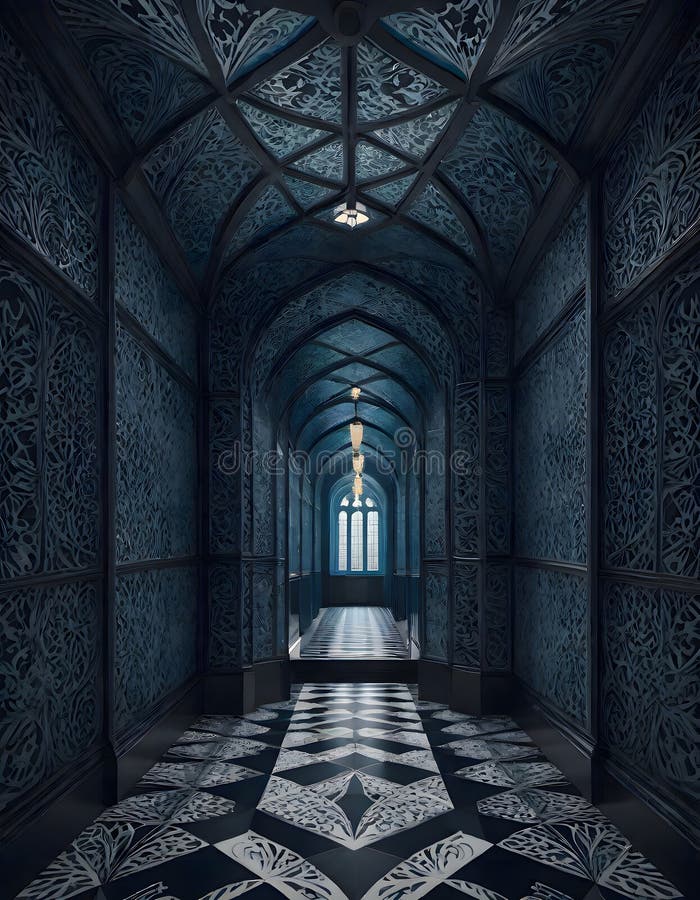 Abstract Blue Tunnel Structure with Symmetrical Patterns on the Walls ...