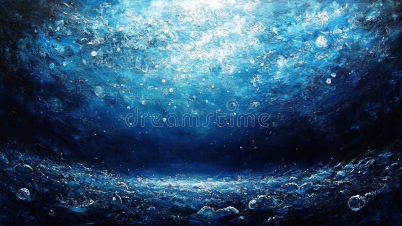 Abstract Blue Underwater Painting with Bubbles and Dark Background ...