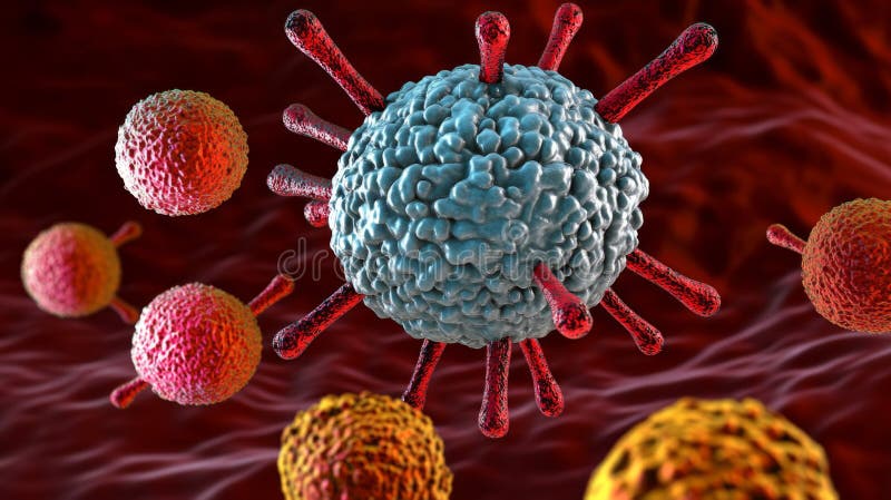 Abstract Blue Virus Cell with Red Spikes Floating among Varied Infected ...