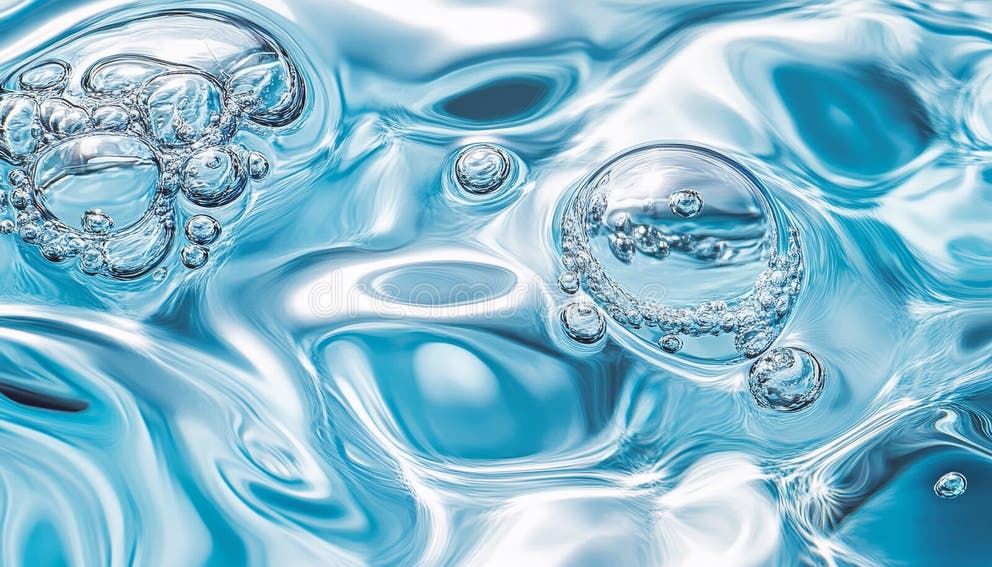 Abstract Blue Water Background, Bubbles, and Reflections Representing ...