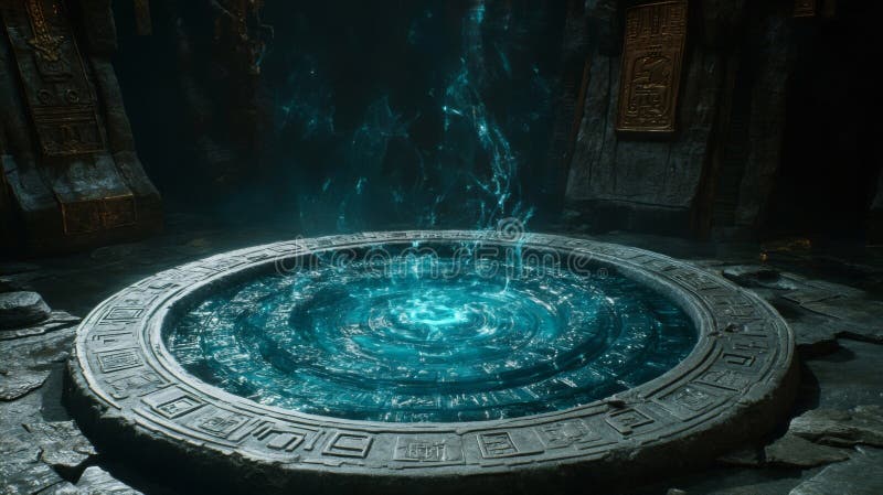 Abstract Blue Water Circle in Ancient Stone Altar with Ornate Carvings ...