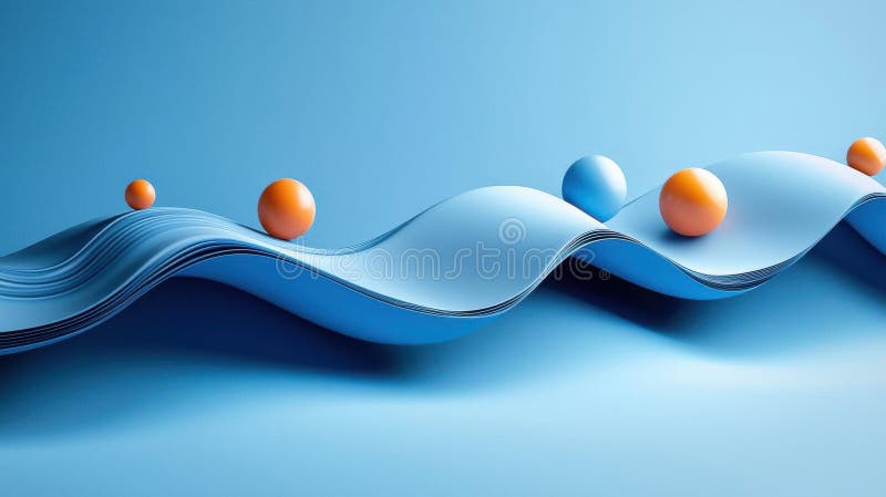 Abstract Blue Wave Background with 3D Render, and Orange Blue Spheres ...