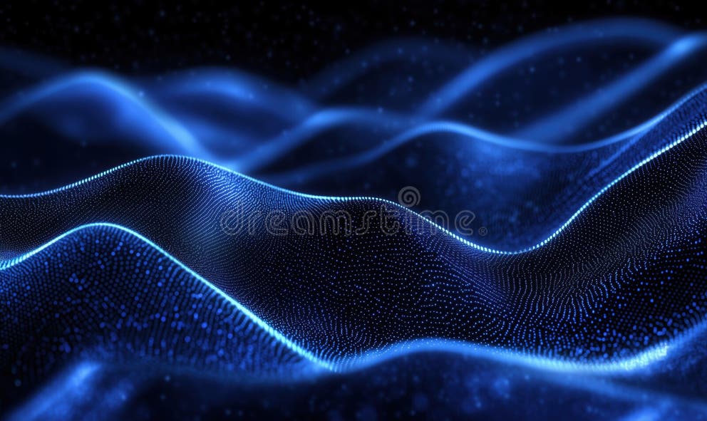 Abstract Blue Wave Patterns with Glowing Particles in Dark Background ...