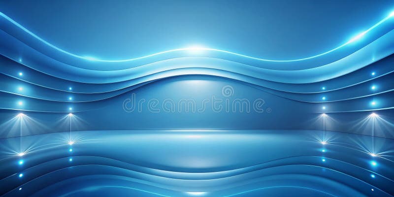 Abstract Blue Wave Stage with Glowing Lights and Reflective Floor ...