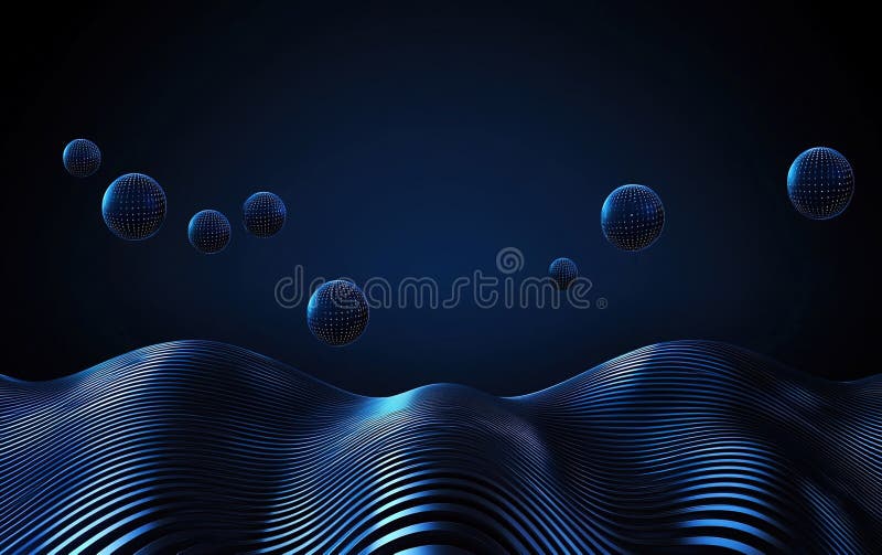 Abstract Blue Waves with Glowing Spheres Floating in a Dark Environment ...