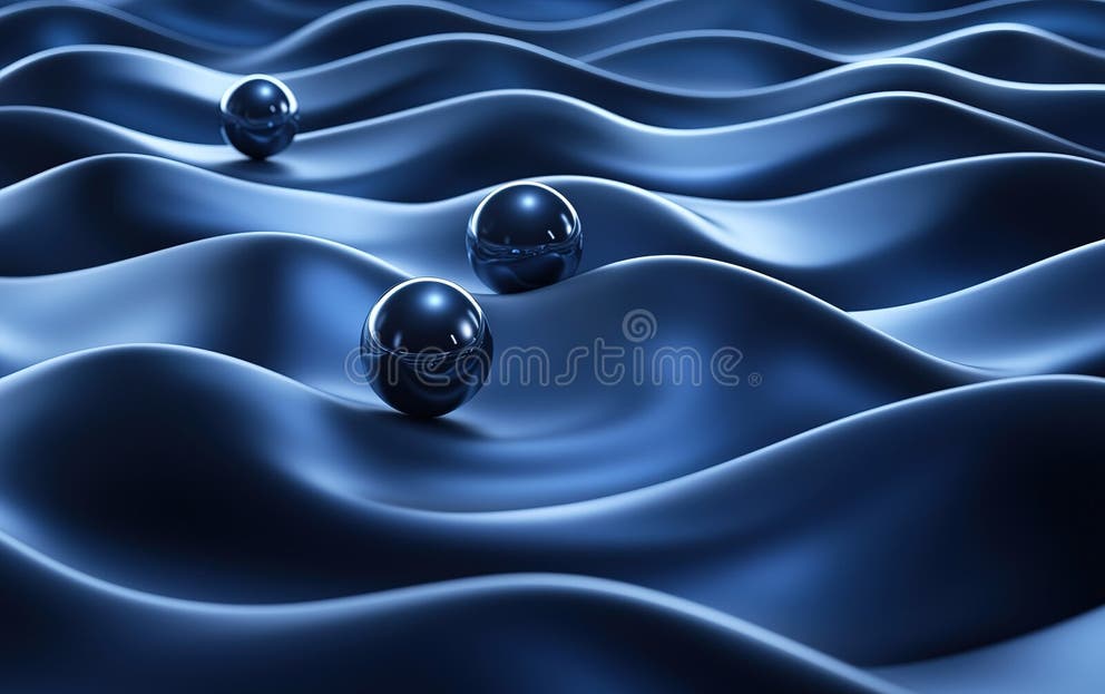 Abstract Blue Waves with Reflective Spheres Creating a Serene and Dynamic Composition Stock ...
