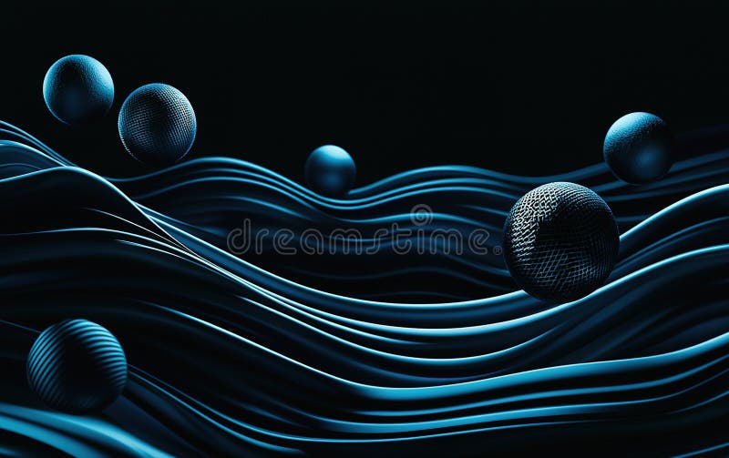 Abstract Blue Waves with Textured Spheres Moving through in a Dark ...