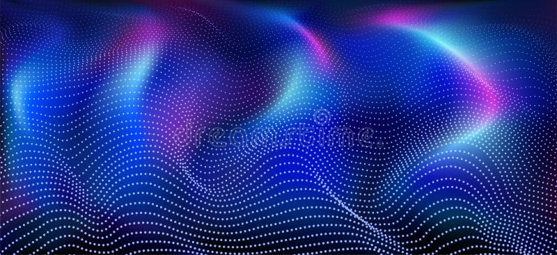 Abstract Blue Wavy Background with Flowing Data Flow Particles and ...