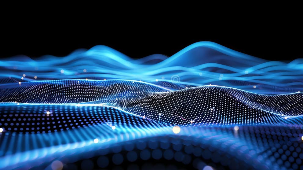 Abstract Blue Wavy Data Network Visualization on Black Background Stock ...