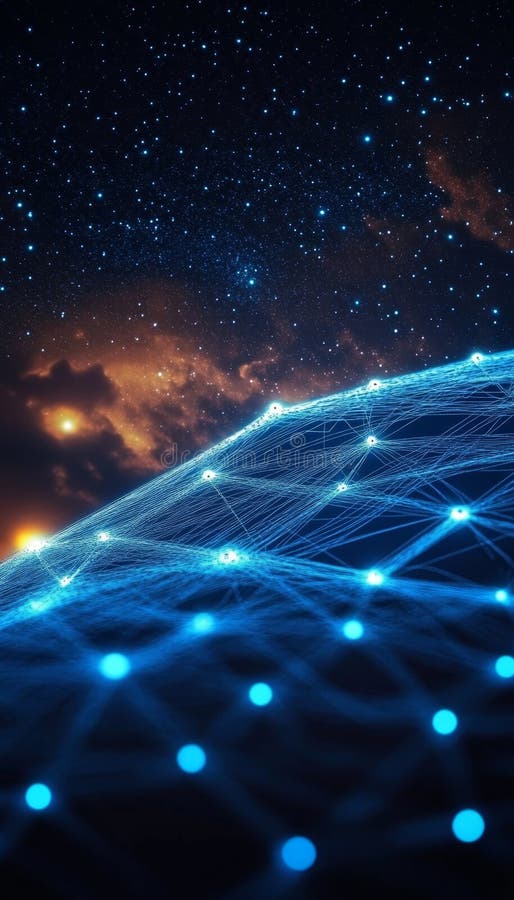 Abstract Blue Wavy Grid with Glowing Points Connecting Lines on Dark ...