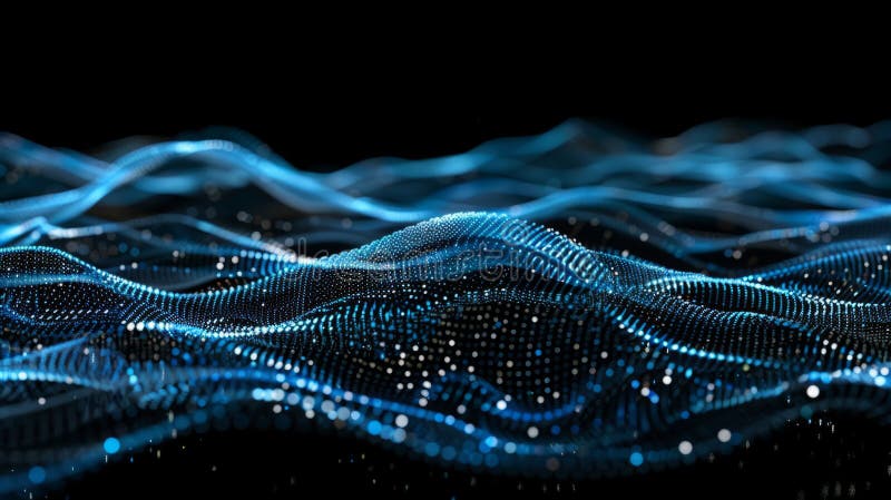 Abstract Blue Wavy Particle Surface on Black Background Stock ...