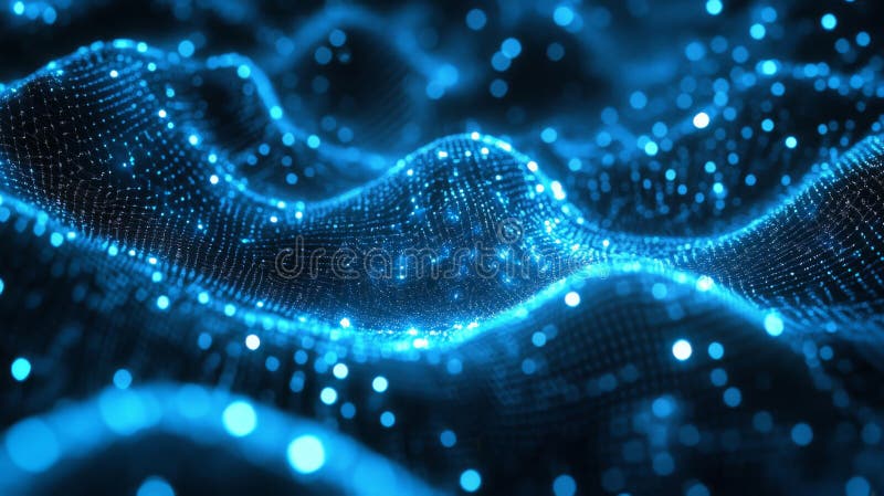 Abstract Blue Wavy Surface with Glowing Particles Stock Illustration ...