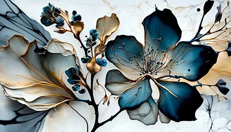 Abstract Blue and White Marble Background with Flowers. Alcohol Ink ...