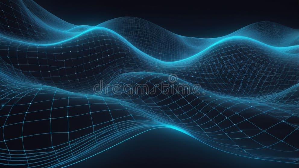Abstract Blue Wireframe Landscape with Undulating Waves and Grid ...