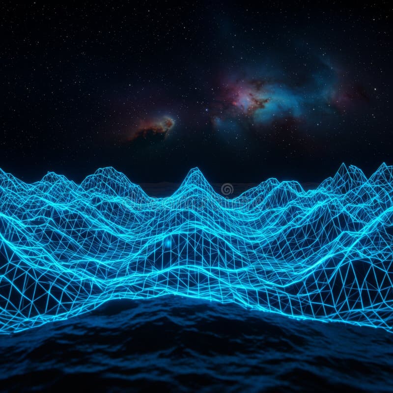 Abstract Blue Wireframe Mountain Landscape Under Night Sky Stock ...