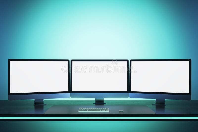 Abstract Workplace with Three Empty White Mock Up Computer Monitors ...