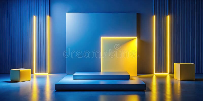 Abstract Blue and Yellow Illuminated Stage Setting with Cubes ...
