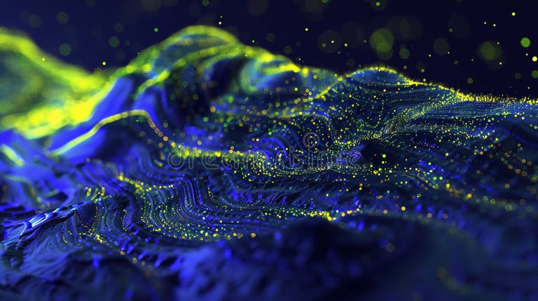 Abstract Blue and Yellow Particle Wave Background. Modern Digital ...