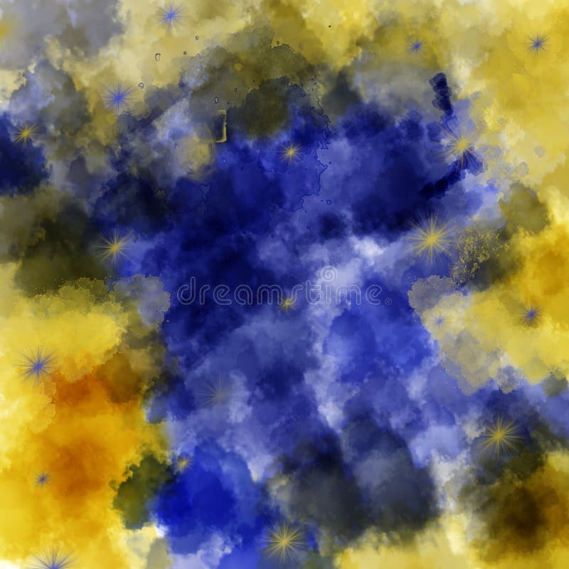 Abstract Blue and Yellow Sky and Clouds with Yellow Stars. Watercolor ...
