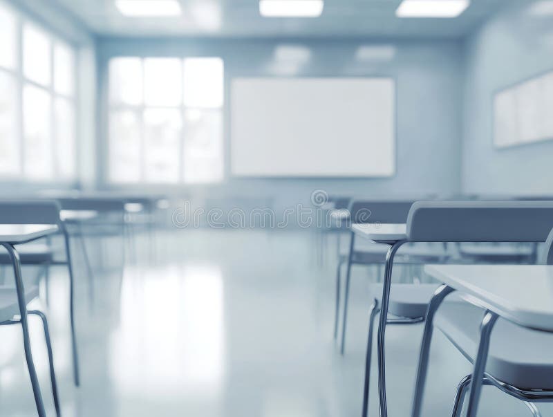 Abstract Blur Classroom Interior with Desks and Whiteboard Stock ...