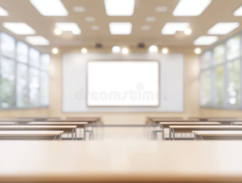 Abstract Blur Classroom Interior with Desks and Whiteboard Stock ...