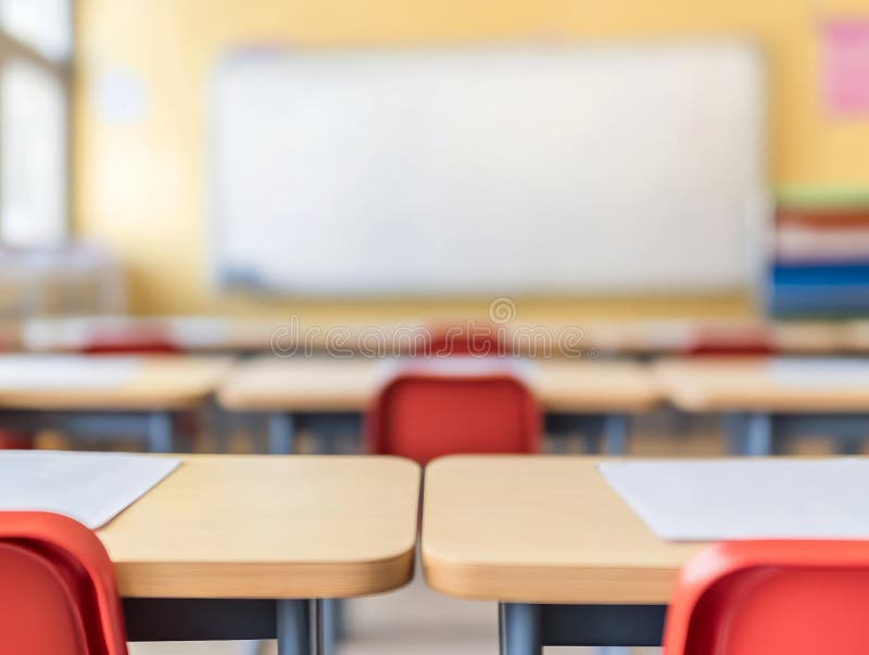 Abstract Blur Classroom Interior with Desks and Whiteboard Stock ...