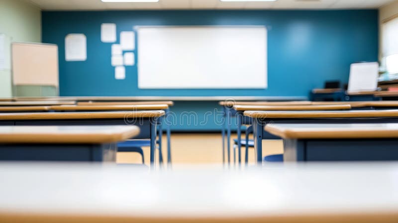 Abstract Blur Classroom Interior with Desks and Whiteboard Stock ...